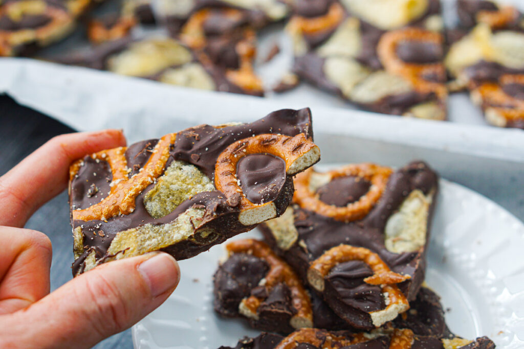 Homemade Potato Chip Pretzel Bark Recipe using chocolate chips!