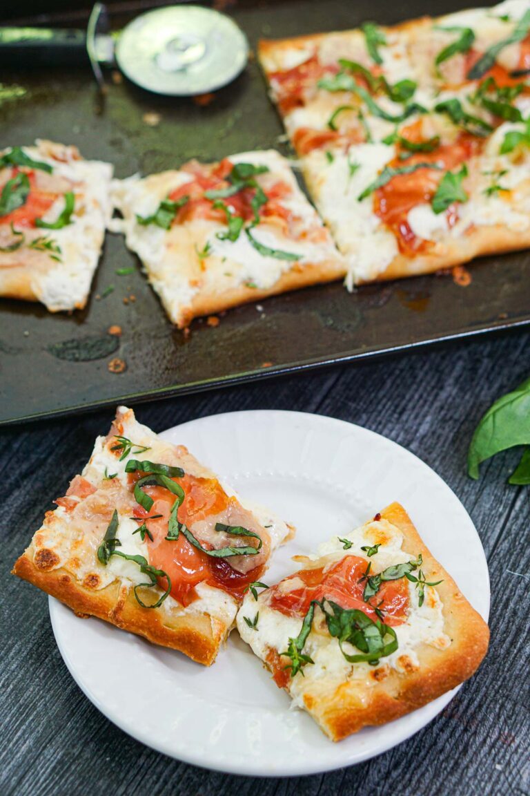 Easy Prosciutto Flatbread Appetizer Recipe | using 3 cheeses!